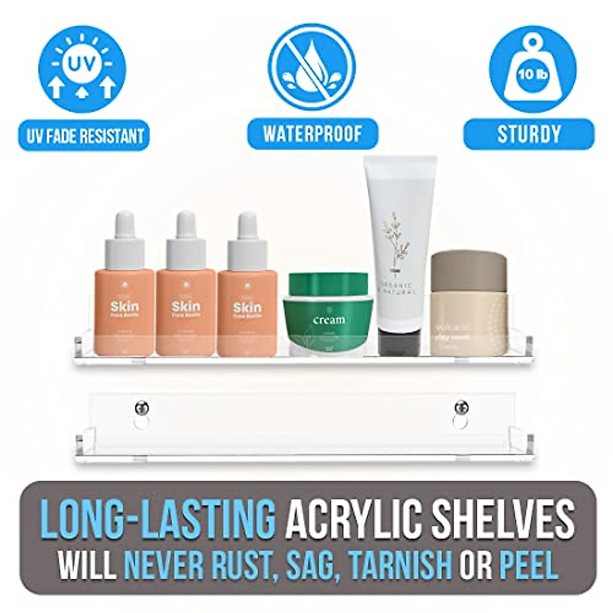 Pretty Display Invisible' Bathroom Shelf Wall Mounted [2 Pack] 10 inch Clear Acrylic Shelves Extra Strong & Easy to Wall Mount