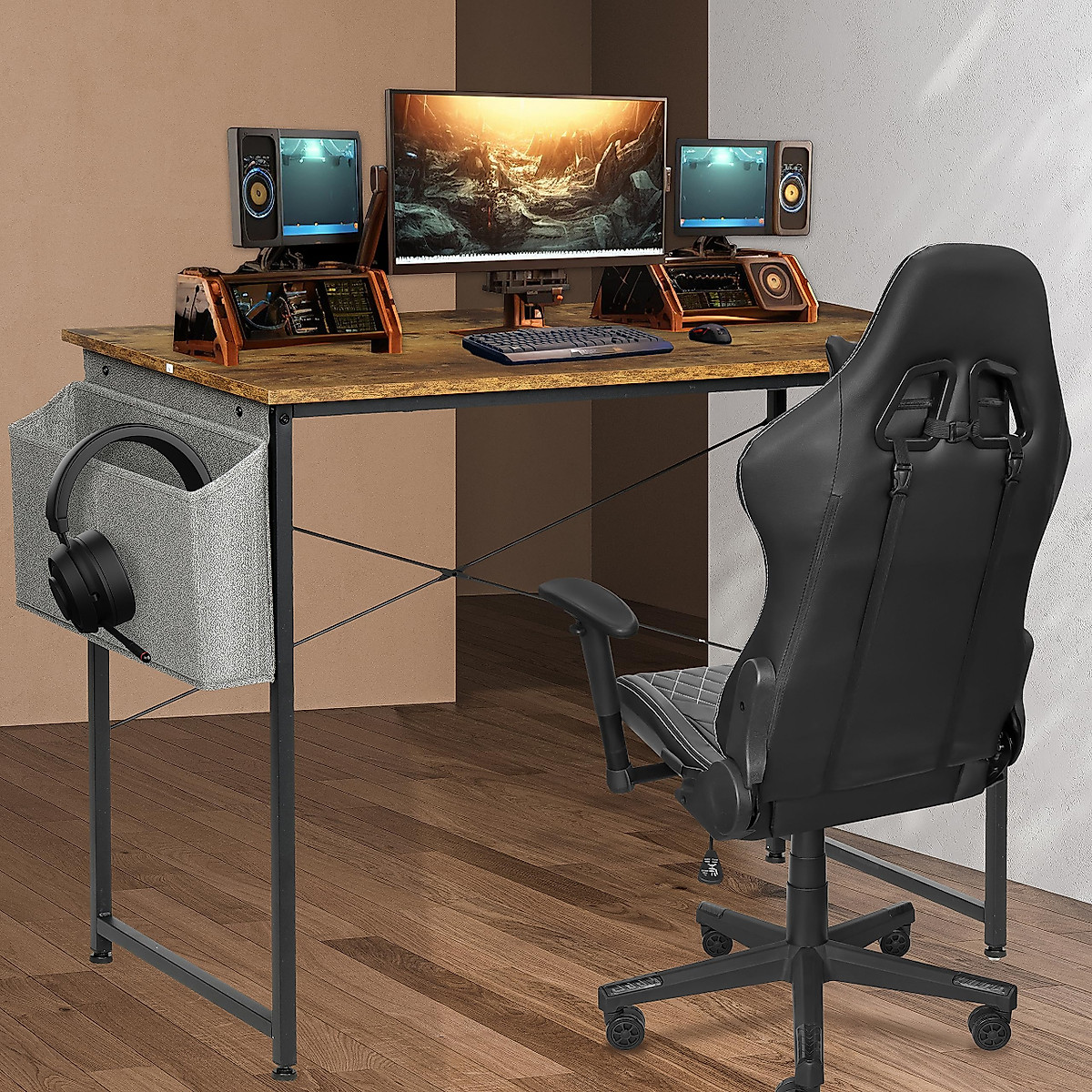 Simple Deluxe Computer Office Desk Modern Simple Style PC Table with Storage Bag, for Home Work Study and Writing, 47 Inch, Brown