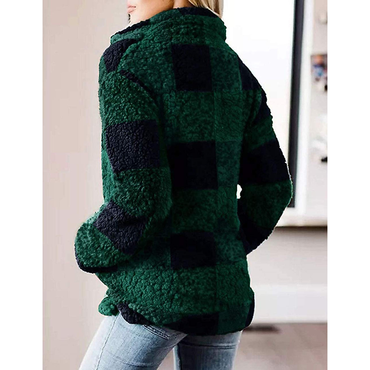 MEROKEETY Women's Plaid Sherpa Fleece Zip Sweatshirt Long Sleeve Pullover Jacket, Green, L