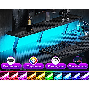 MOTPK Small Gaming Desk with LED Lights & Power Outlets, 39 Inch L Shaped Gaming Computer Desk with Storage Shelf, Gamer Desk with Monitor Stand, PC Gaming Table with Carbon Fiber Texture, Black