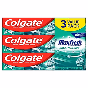 Colgate Max Fresh with Whitening Toothpaste with Mini Breath Strips, Clean Mint Toothpaste for Bad Breath, 6.3 Oz Tube. 3 Pack