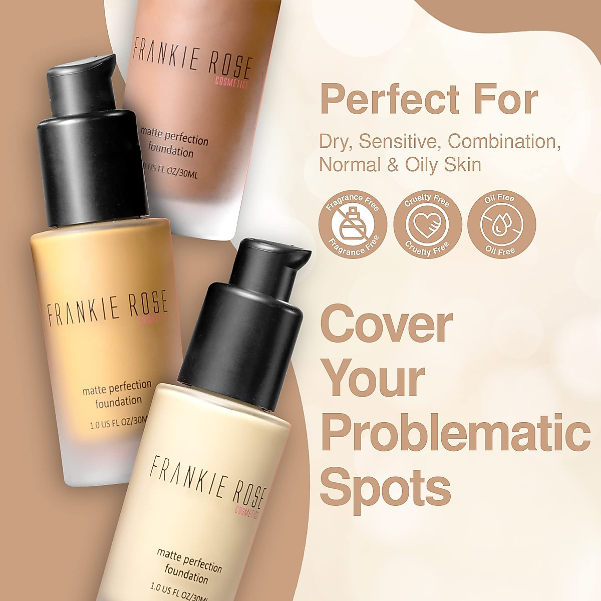 Frankie Rose Cosmetics Matte Perfection Foundation Makeup – Long-Lasting, Hydrating Foundation for Semi-Matte Finish - Foundation Full Coverage for All Skin Types - (Olive) 1.0 US fl oz / 30 ml