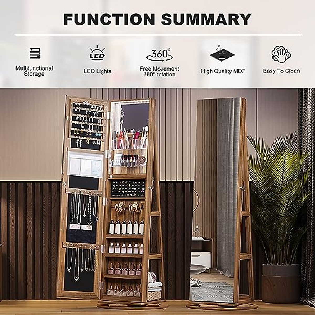 HNEBC LED Light Jewelry Organizer Mirror 360°Rotating, Armoire with Door Mirror, Full Length Cabinet Storage, Large Boxes & Organizers（A Light Brown）