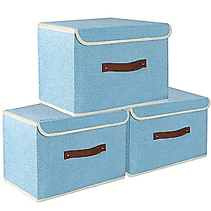 JYPS 3-Pack Extra Large Collapsible Storage Bins with Lids and Handles (15x10x10 inches), Washable Foldable Clothes Storage Boxes, Storage Cubes Organizer for Bedroom Closet Office -Blue