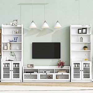 Modern Chic Elegant Entertainment Wall Unit with Tall Cabinets, Multifunctional TV Stand Set for TVs Up to 70", Television Stand with Acrylic Board Door, for Living Room, White