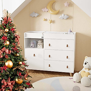 BANIROMAY Baby Changing Table Dresser, Baby Nursery Dresser with Drawers, Hidden Trash Storage, Diaper Changing Table(White + Wood)
