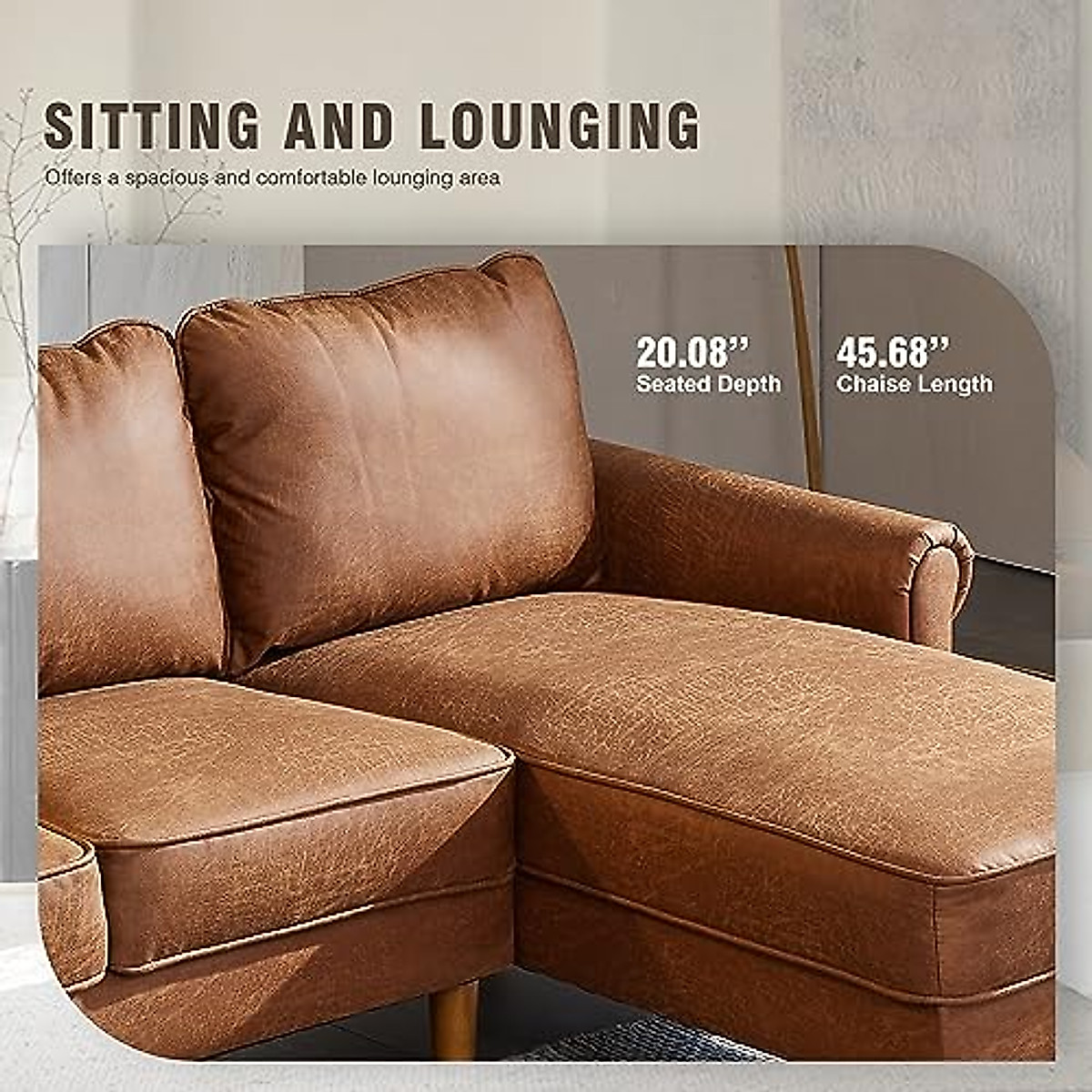 HOOOWOOO 81.51" L Shaped Couch Mid Century Modern Sectional Couch Brown Faux Leather Sofa with Right Chaise 3-Seater Rolled Arms Solid Wood Frame for Living Room Apartment