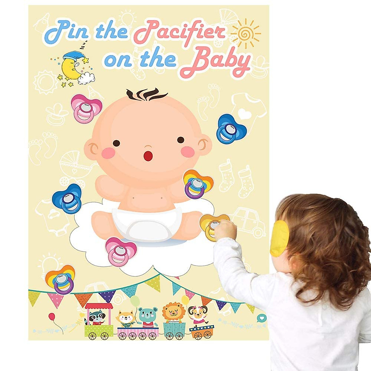 Hooqict Pin The Pacifier On The Baby Game, Baby Pacifier Games Poster with 72pcs Pacifiers Stickers Baby Shower Games Party Favors Girls Boys Kids Birthday Party Supplies