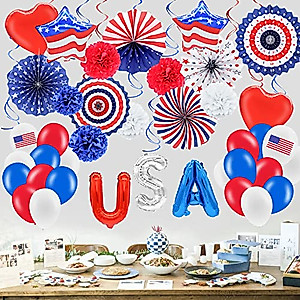 52 Pieces 4th of July Decorations Set - Red White Blue American Flag Hanging Honeycomb Paper Fans, Pom Poms, Swirls, Latex Balloons, Foil Letter / Heart / Stars Balloons, Star Streamer Party Supplies