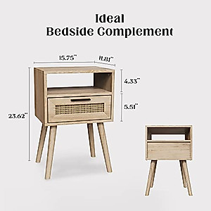 AmzYuga Nightstands Set of 2, Bedside Table with Drawer, Modern End Table with Open Storage, Bed Side Table with Solid Wood Feet for Bedroom Set of 2, Boho Night Stands, Accent Tables, Natural