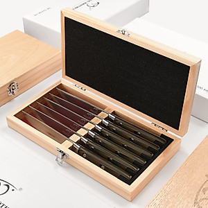 Damascus Serrated Steak Knife Set of 6 with Case, 5 Inch Serrated Steak Knife, 67 Layers Steel Blades Hand-sharpened to 15°, Non-slip G10 Ergonomic Triple Rivet Handle for Gift, Natural Wooden Box