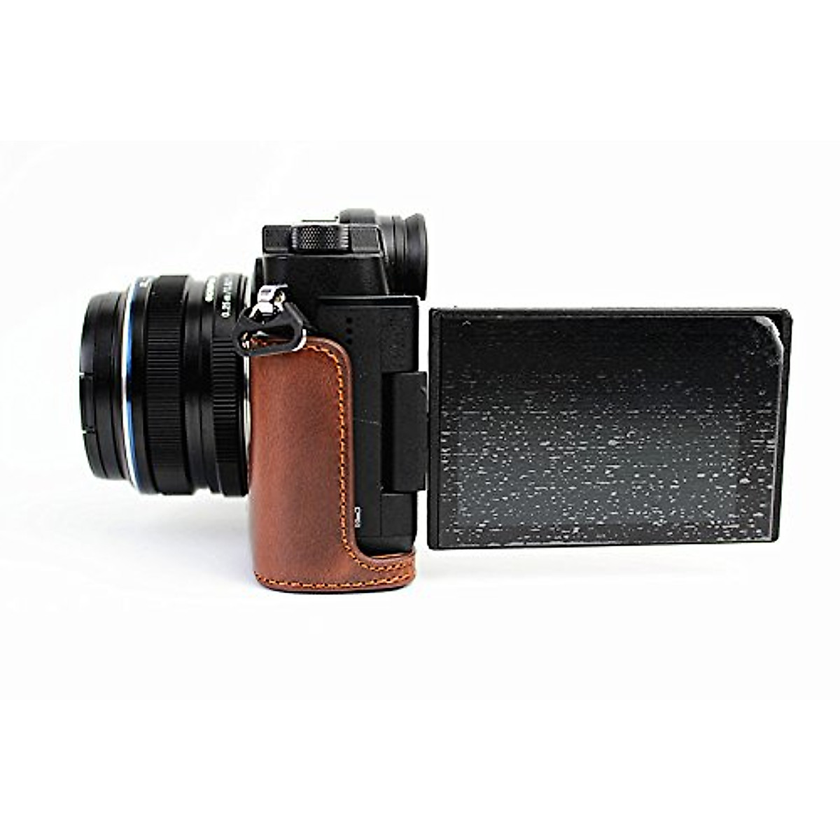 Bottom Opening Version Protective PU Leather Half Camera Case Bag Cover with Tripod Design for Olympus Pen-F Camera with PU Leather Hand Strap Dark Brown