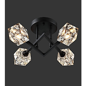 AMZASA Modern Semi Flush Mount Ceiling Light, Black Dining Room Light Fixtures,4-Lights Geometric Crystal Chandelier for Bedroom Entryway Hallway Porch Laundry Room