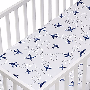 Andi Mae Crib Sheet - Blue Airplanes - 100% Jersey Cotton - Fits Standard Crib or Toddler Mattresses