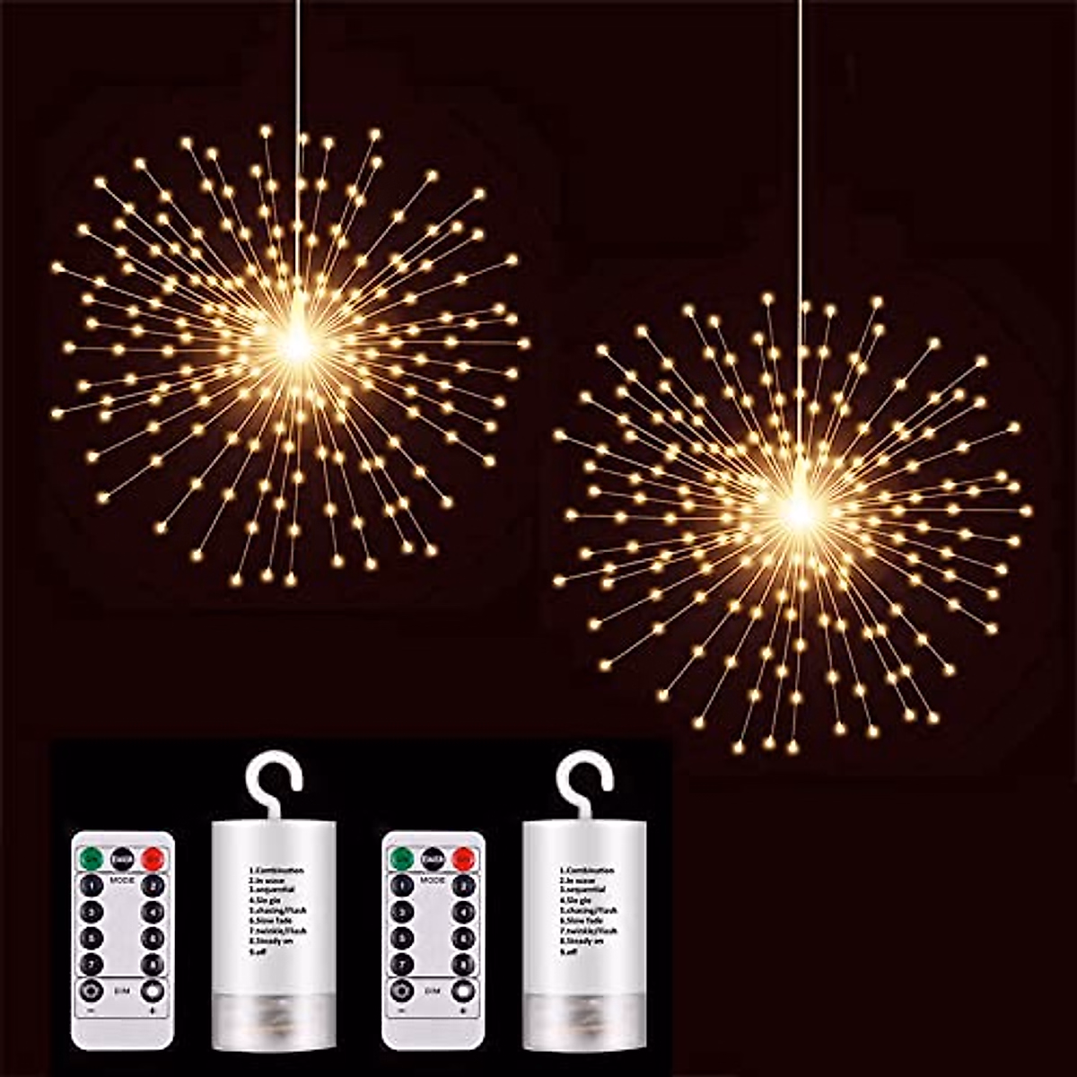 2 Pack Starburst Sphere Lights,200 Led Firework Lights, 8 Modes Dimmable Remote Control Waterproof Hanging Fairy Light, Copper Wire Lights for Patio Parties Christmas (2 Pack Battery Operated)