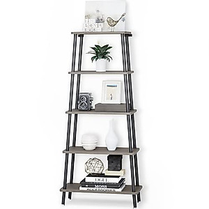 MXARLTR 5 Tiered Bookshelf, Ladder Shelf Etagere Bookcase, Wood and Metal Ladder Bookshelf, Display Freestanding Open Storage Rack for Living Room Bedroom Bathroom Kitchen Office, Gray Oak