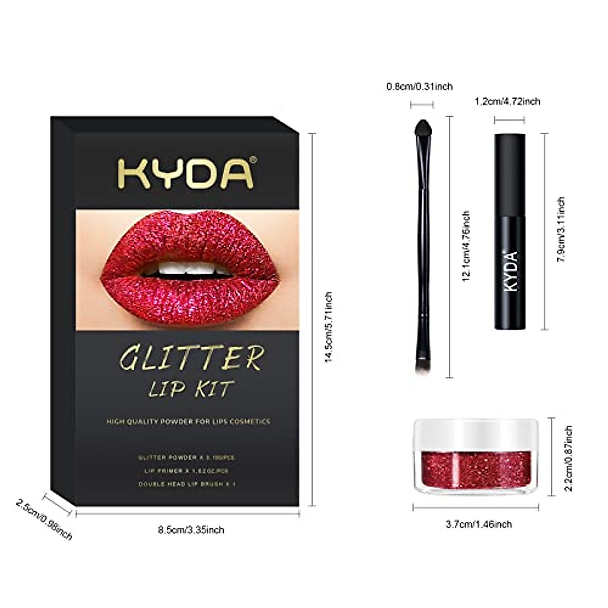 KYDA 3 Colors Glitter Lip Kit, Diamond Metllic High Pigmented Powder for Lips Cosmetics, Glitter Lips Makeup,with Lip Primer and Brush, Long Wear-Set A