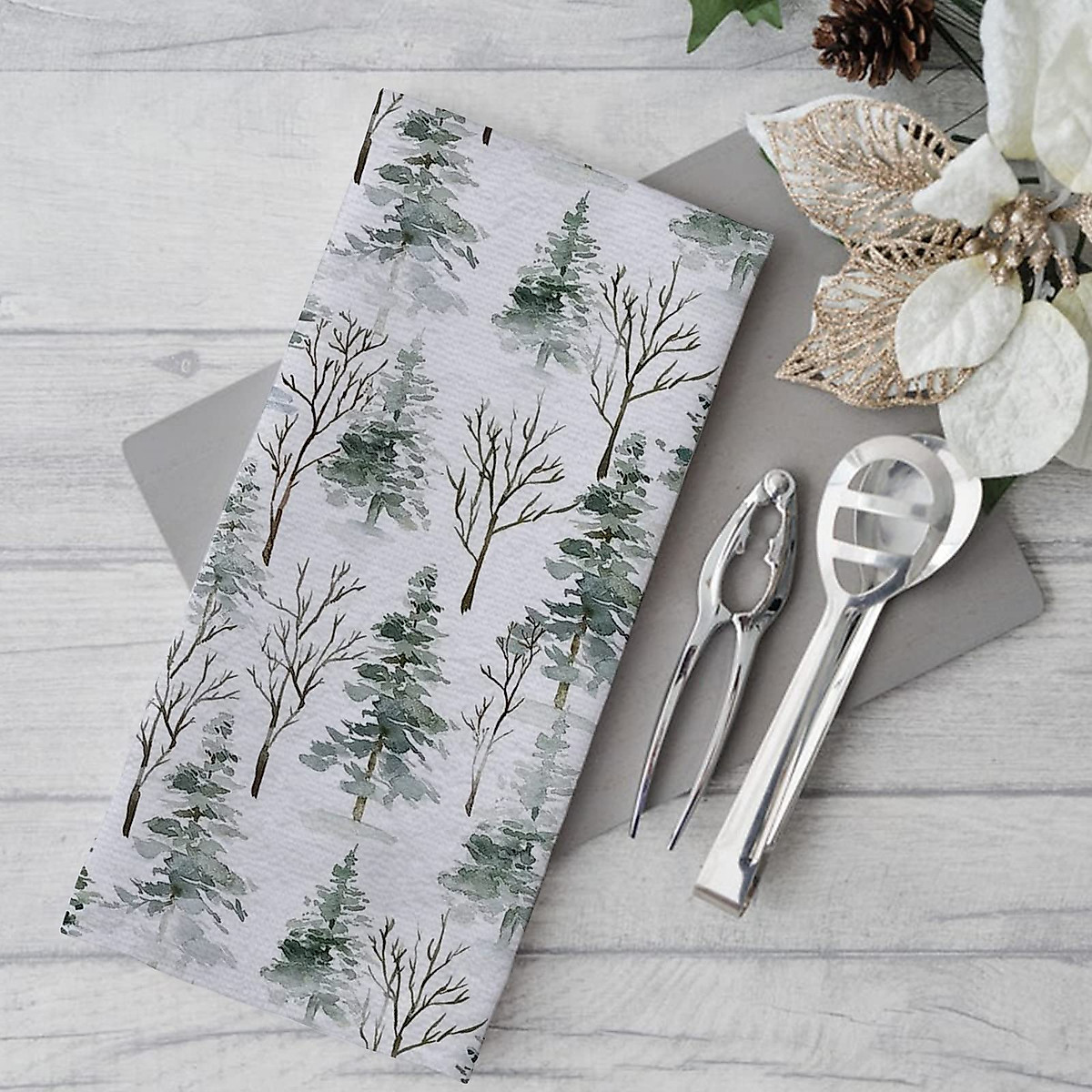 Seliem Hello Winter Watercolor Pine Trees Kitchen Dish Towel Set of 2, Cardinal Reindeer Blue Grey Hand Drying Baking Cooking Cloth, Red Bird Farmhouse Snow Holiday Decor Home Decoration 18 x 26 Inch