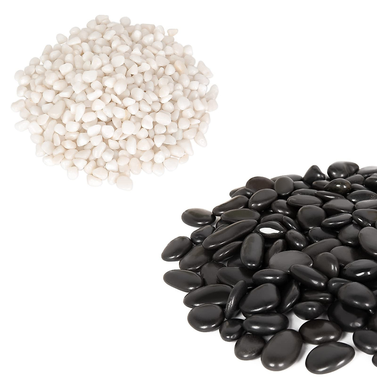 GASPRO 15 Pound Black River Rocks + 15 Pound White Pebbles, 1 to 2 Inch Black Pebbles, 3/8 Inch White Average-Sized Polished Pebble for Plants, Vase, Fish Tank, Garden