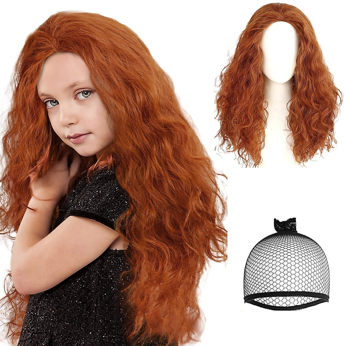 ANOGOL Wig Cap+ Reddish Brown Orange Curly Princess Wig Cosplay, Copper Red Orange Long Curly Wig Princess Dress Up Wig Halloween Costume, Long Orange Ginger Curly Wig for Party