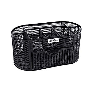 EasyPAG Desk Organizer Mesh Desktop Office Supplies Multi-functional Caddy Pen Holder Stationery with 8 Compartments and 1 Drawer,Black