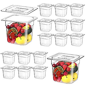 Didaey 16 Pcs Polycarbonate Clear Food Pan with Lid Bulk Stackable Food Pan Commercial Storage Pan Acrylic Food Storage Container Plastic Hotel Pan for Kitchen (1/6, 6'' Deep, 2 Quart)