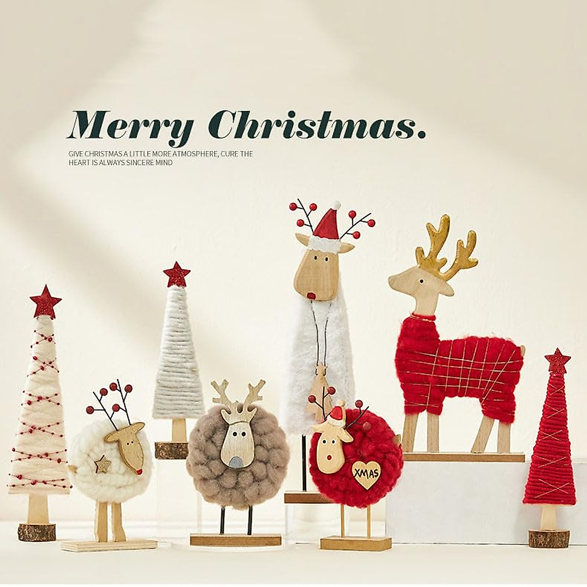Christmas Home Decor Wool, Wood Felt Reindeer Elk Tree Decorations, Christmas Tree Desktop Wool Felts Ornaments, Christmas Tree Wooden Reindeer (C)