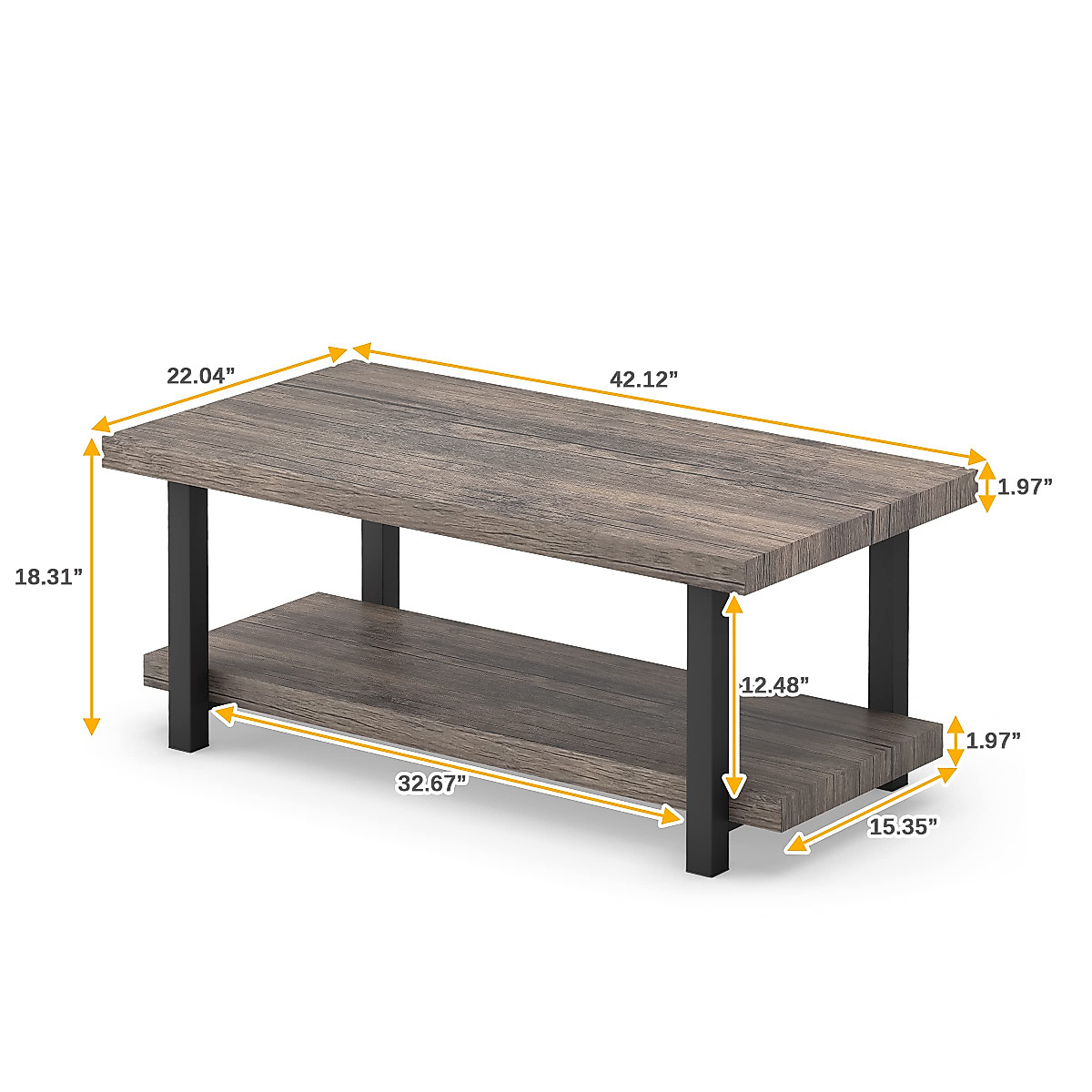 charaHOME Coffee Table Rustic Vintage Industrial Design Sturdy Metal Frame Legs Sofa Table Cocktail Table with Storage Bottom Open Shelf for Living Room, Easy Assembly, 42"x 22", Gray Brown