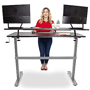 Stand Steady Tranzendesk 55 in Standing Desk with Clamp On Shelf | Easy Crank Height Adjustable Stand Up Workstation w/Attachable Monitor Riser | Holds 3 Monitors & Adds Desk Space (55/Silver Base)