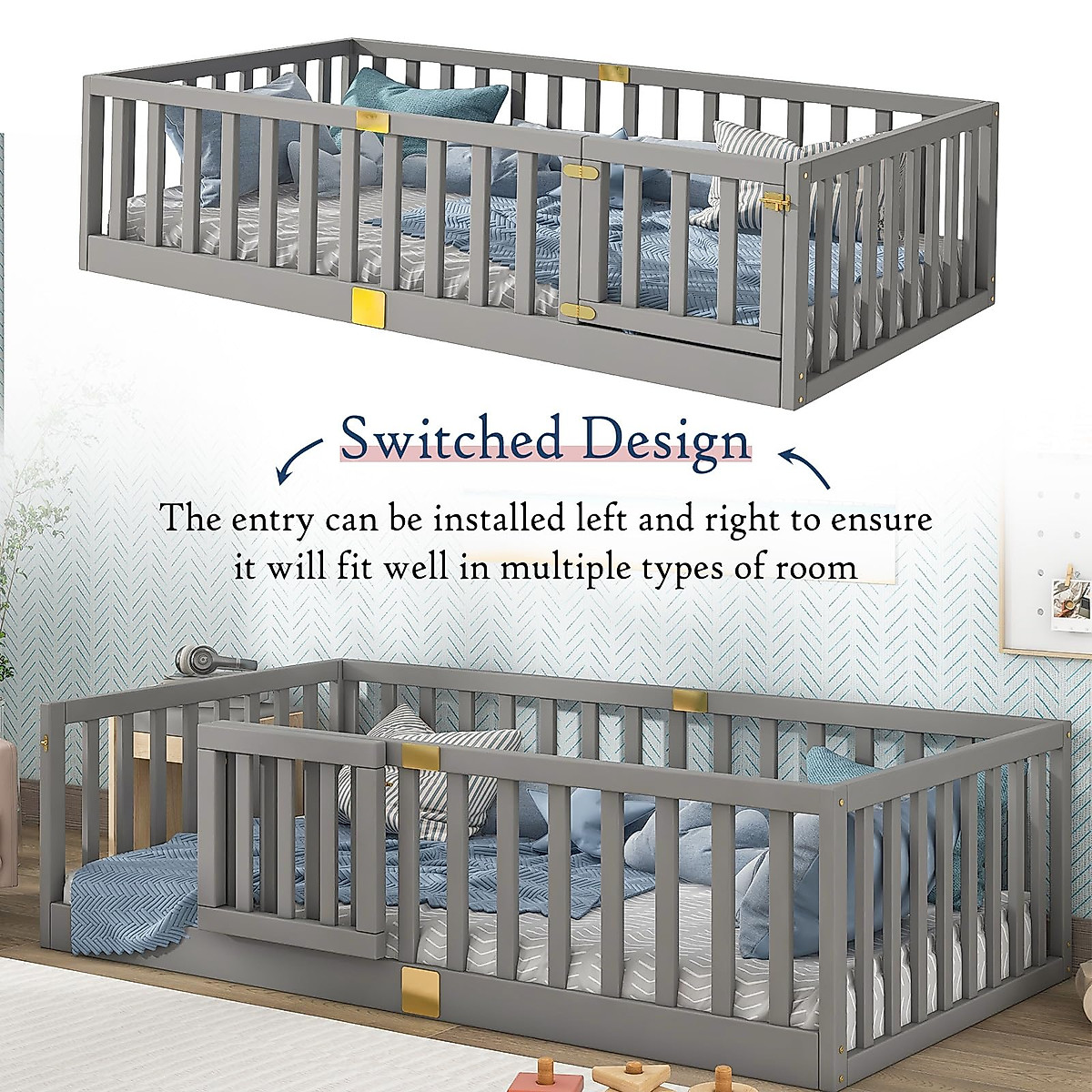 Tatub Montessori Twin Floor Bed with Safety Guardrails, Door Installs Left or Right - Grey Wood Frame