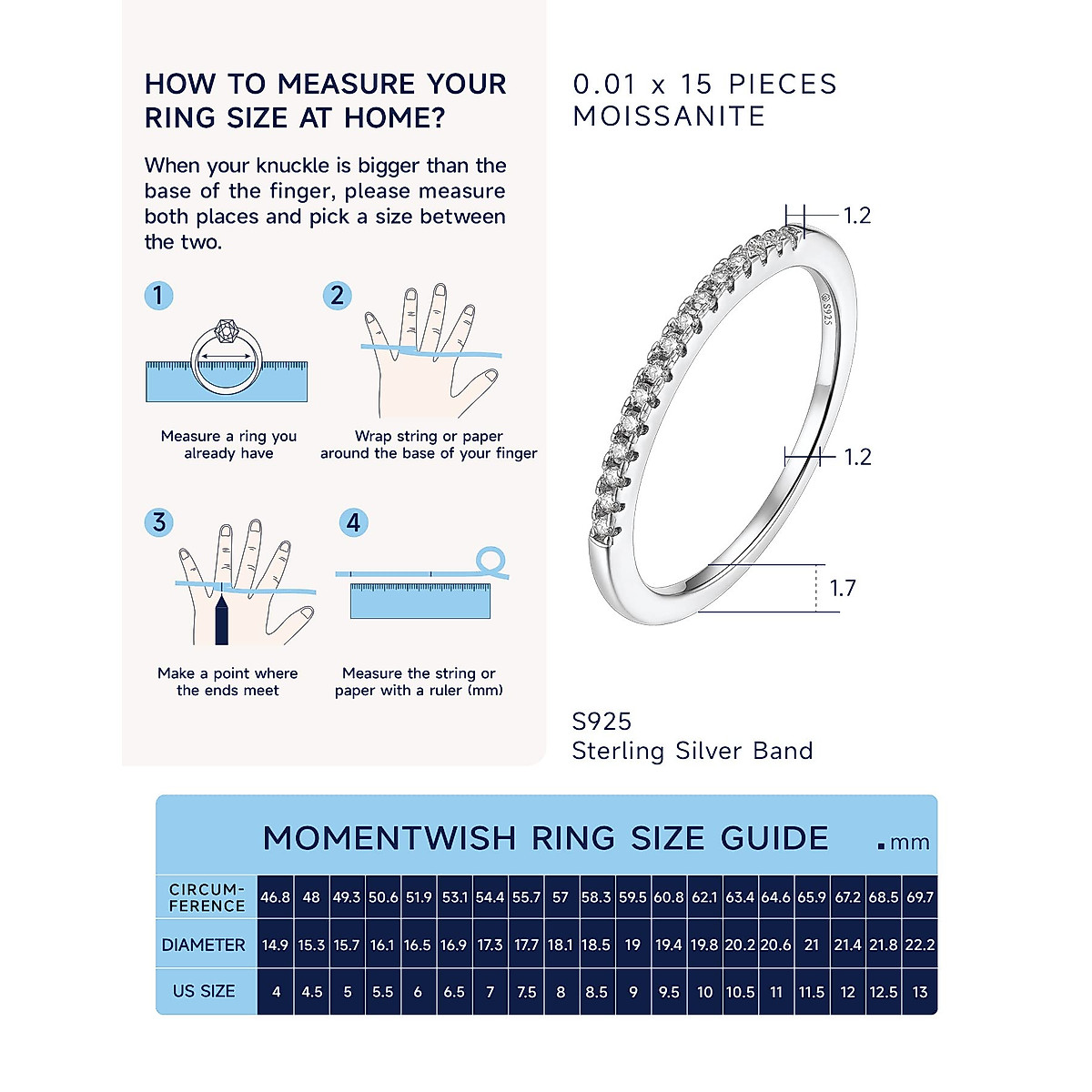 MomentWish Wedding Bands for Women, Moissanite Engagement Ring, Simulated Diamond Wedding Ring S925 Sterling Silver Eternity Rings-Size7