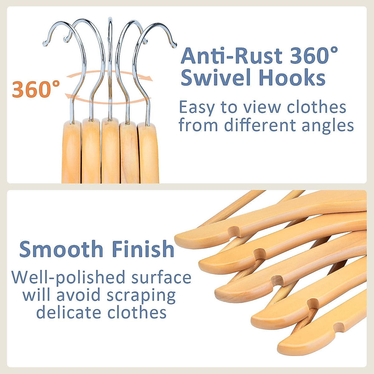 FairyHaus Kids Hangers 20 Pack 12.8 Inch, Natural Wooden Baby Hangers for Closet, Anti-Rust 360° Swivel Hook, Notches & Smooth Finish, Durable and Strong Childrens Hangers for Clothes