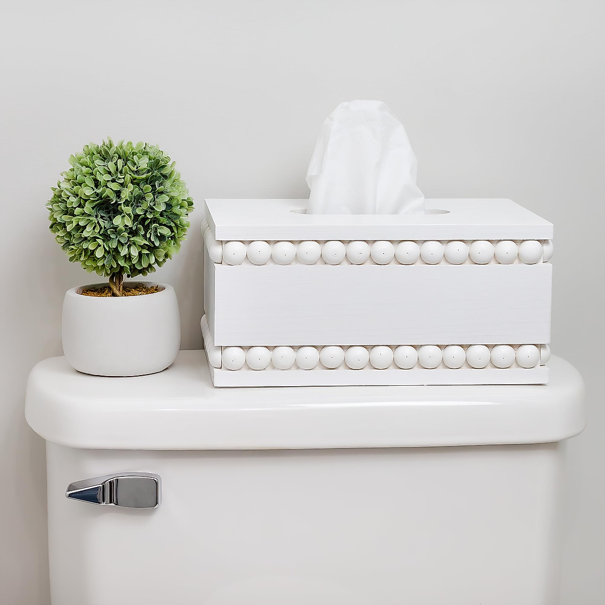AuldHome Design Beaded Rectangular Tissue Box Cover (White); Rustic Farmhouse Wood Oblong Tissue Holder