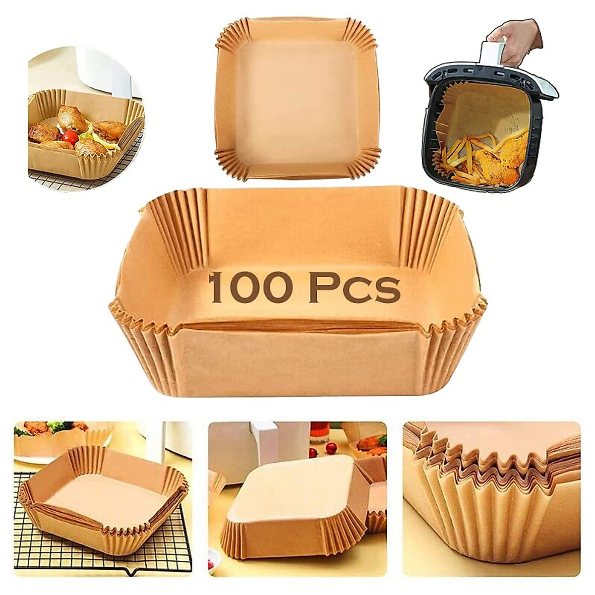 Air Fryer Disposable Liners Square - 8 Inch Air Fryer Disposable Baking Paper Roasting Microwave Food Grade Baking Fryer Disposable Paper 100 Pcs Disposable Plate Brown