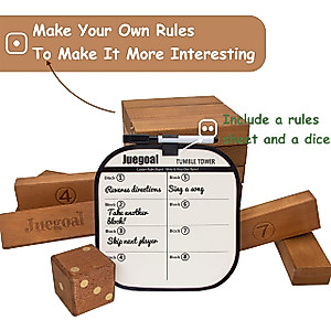 Juegoal 54 Pieces Giant Tumble Tower Blocks Game Giant Wood Stacking Game with 1 Dice Set, Gameboard, Canvas Bag for Adult, Kids, Family, Brown