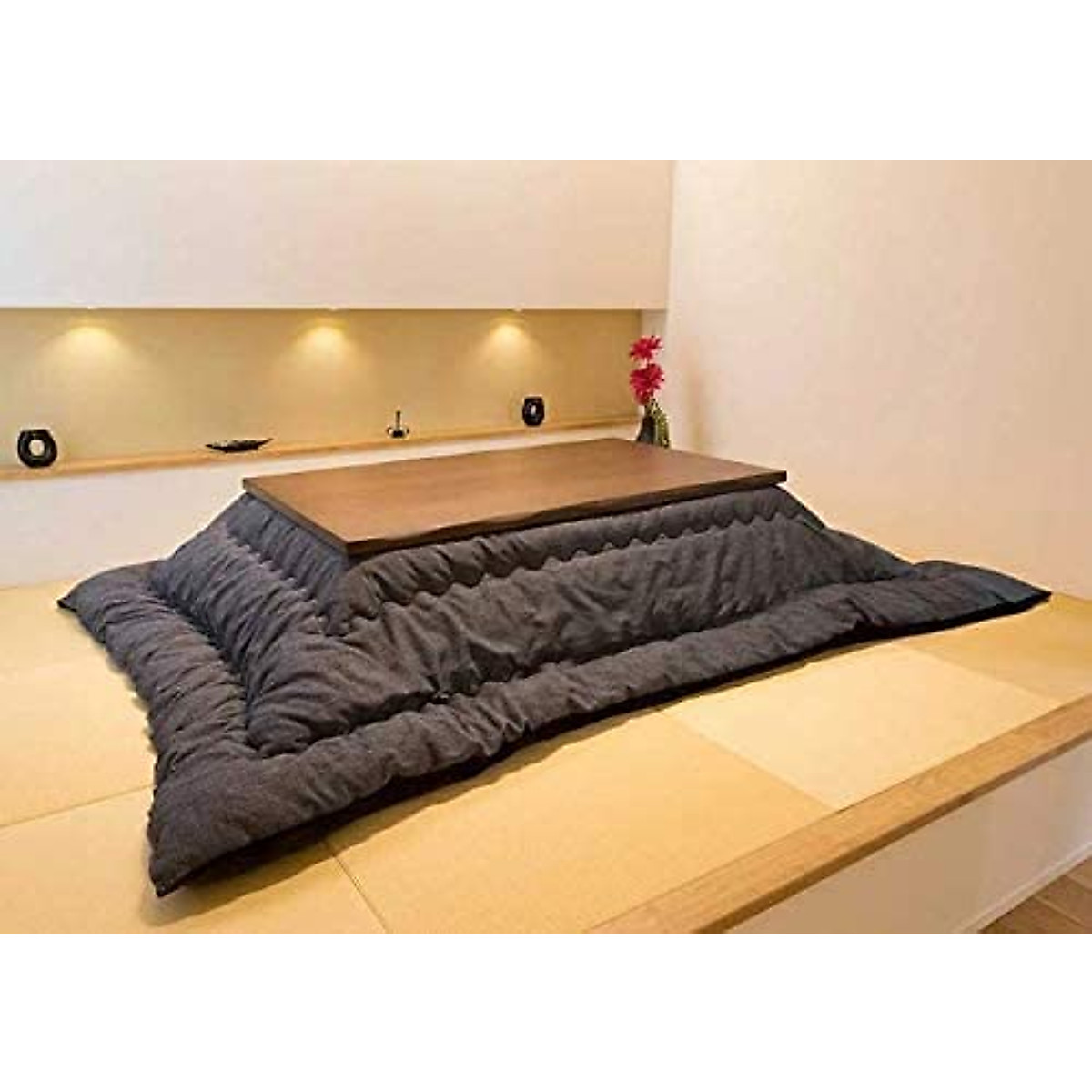 BJDesign Kotatsu - Japanese Heated Table - Wooden Chabudai Furniture with 120V Electric Heater - Low-Lying Dining and Work Desk with Temperature Control Knob (59x33in, Brown)