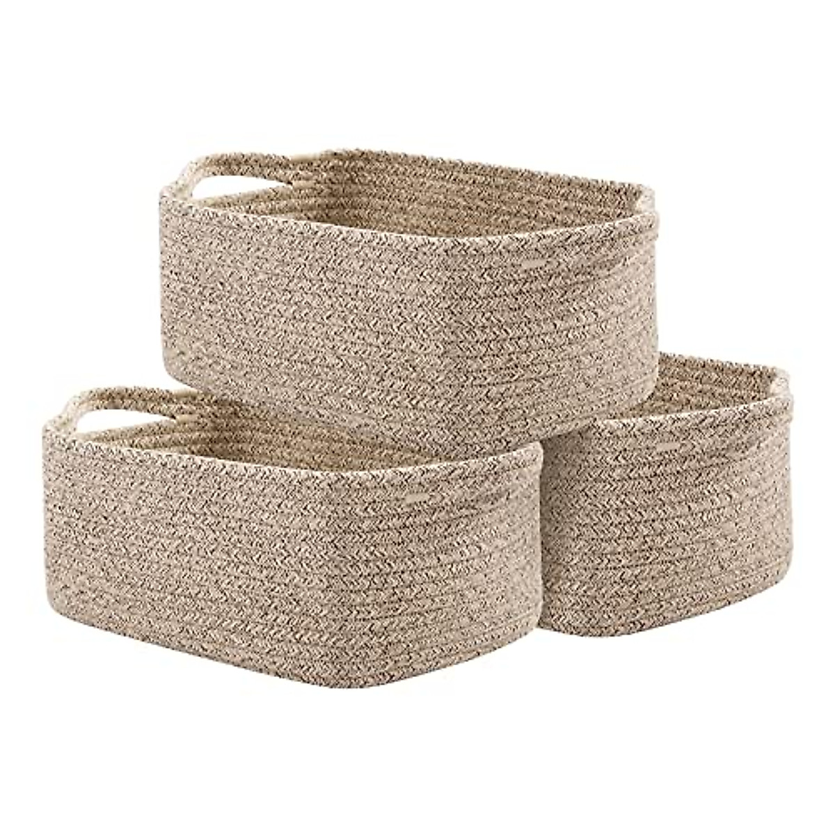 OIAHOMY Cotton Rope Baskets, Woven Baskets for Storage, Nursery Storage Baskets, Rectangle Storage Basket with Handles, Storage Baskets for Shelves, Pack of 3, Brown Variegated