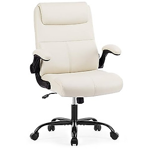Sweetcrispy Ergonomic Executive Office Chair: Desk Chair with Wheels Mid Back Computer Chair with Lumbar Support Height Adjustable PU Leather Office Chair Flip Up Arms, Beige White