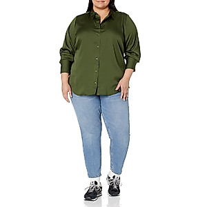 Amazon Essentials Women's Classic-Fit Satin Button Down Blouse (Available in Plus Size), Dark Olive, X-Large
