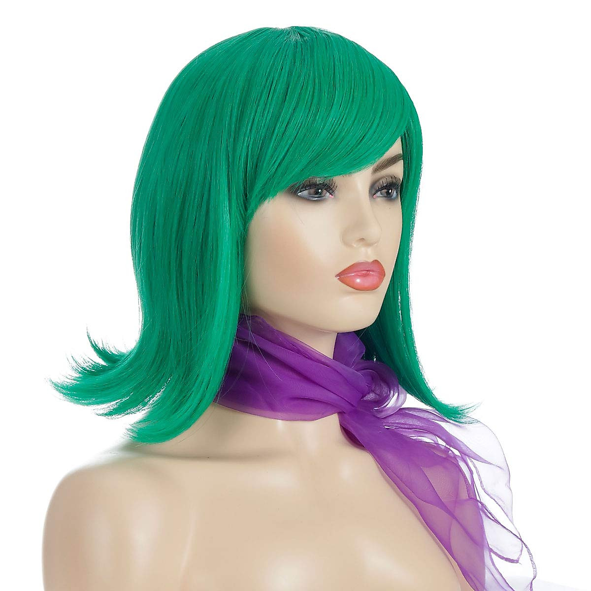 MORTICIA Short Straight Fillp out Green Bob holiday and vacations Costume Cosplay Wig with Purple Scarf