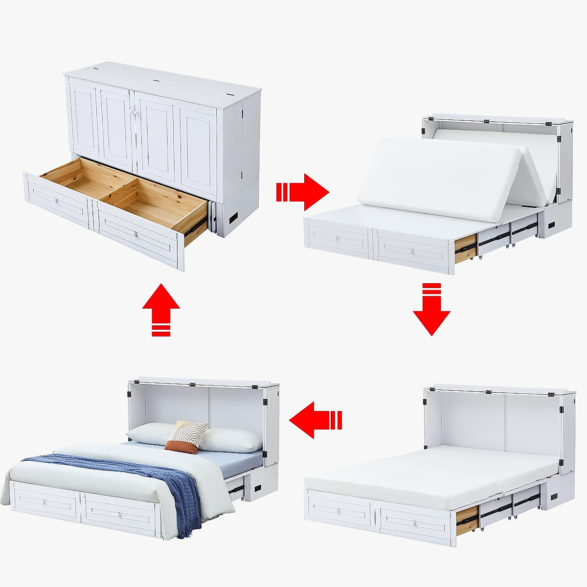 EDWINENE Queen Murphy Bed, Murphy Bed Cabinet with Charging Station, Storage Drawers & Foldable Mattress, Space-Saving Murphy Bed for Living Room & Bedroom (White)