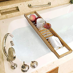 uxcell Bamboo Bathtub Tray, Bathroom Caddy Organizer, Non Slip Bath Serving Table Tray, with Phone/Book/Glass/Holders for Bath
