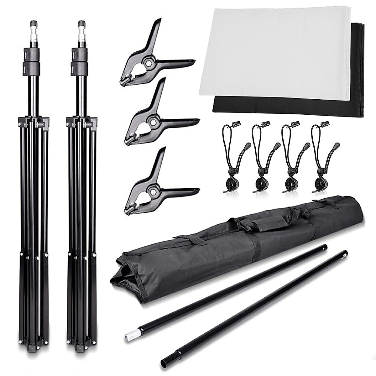 SLOW DOLPHIN Photo Background Support System with Backdrop Stand Kit, 100% Pure Muslin 6.5 Ft x 10 Ft (White/Black) Backdrop,Clamp, Carry Bag for Photography Video Studio