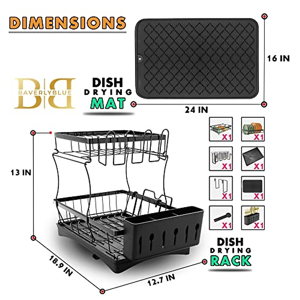 BaverlyBlue Dish Drying Rack with Drainboard, 2 Tier Dish Rack Easy to Install Dish Drying Rack for Kitchen Counter with Cutting Board Rack Silicone Mat (24 * 16inch)-Dish Rack (Black)