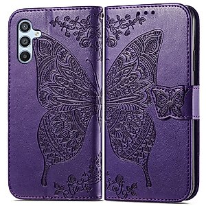 KRHGEIK for Samsung Galaxy A54 5G Case Wallet,Women Flip Folio Cover with Butterfly Emboss PU Leather Stand Credit Card Holders Slots Wrist Strap Protective Phone Cases (Purple)