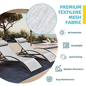 EROMMY All-Weather Textiline Recliner Chairs Set of 2 Outdoor Lounge Chairs with Adjustable Backrest (Arc Grey with Coffee Table, Set of 3)