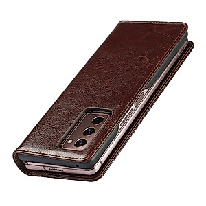 Jaorty Compatible with Samsung Galaxy Z Fold 2 5G Wallet Case,Stand Feature Cowhide Genuine Leather Credit Card Holder Coin Slot Cover Case for Samsung Galaxy Z Fold 2 5G,Dark Brown