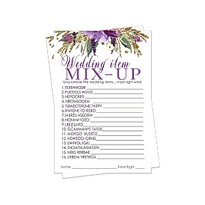 Purple Floral Bridal Shower Word Scramble Game – 25 Pack, Couples Wedding Engagement Party Games, Reception Decor and Ideas, Fun Rehearsal Unscramble Guest Activities