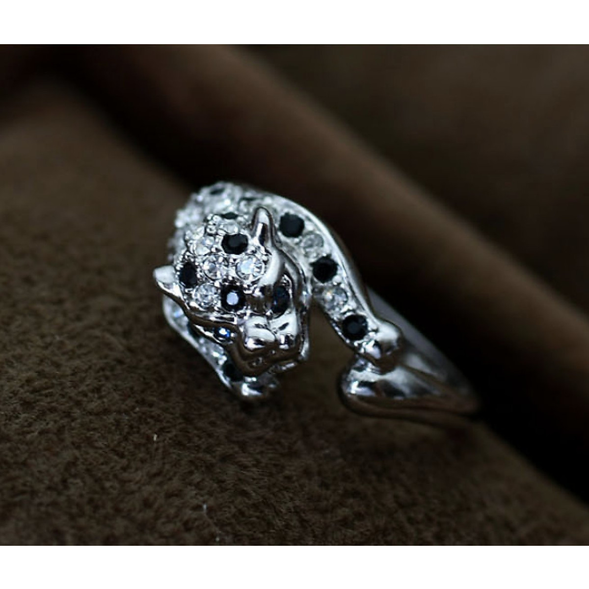 White Gold Plated Animal Leopard Ring with Clear and Black Cubic Zirconia Jaguar Sport Dots Fashion Jewelry for Women (9)