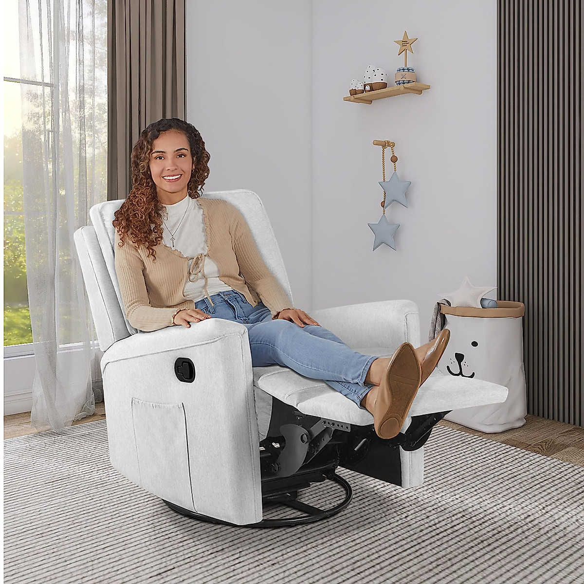 Evolur Beau Upholstered Seating Swivel, Manual, Greenguard Gold Certified, Chair, Modern Nursery Recliner, Tool-Free Assembly Glider, Morning Grey